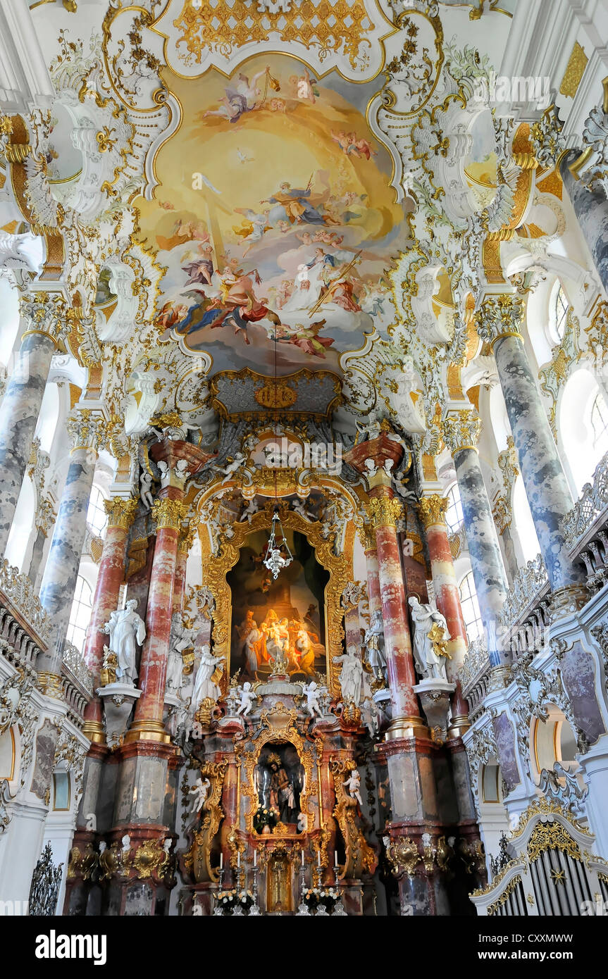 Interior view, high altar, Wieskirche, Pilgrimage Church of Wies ...