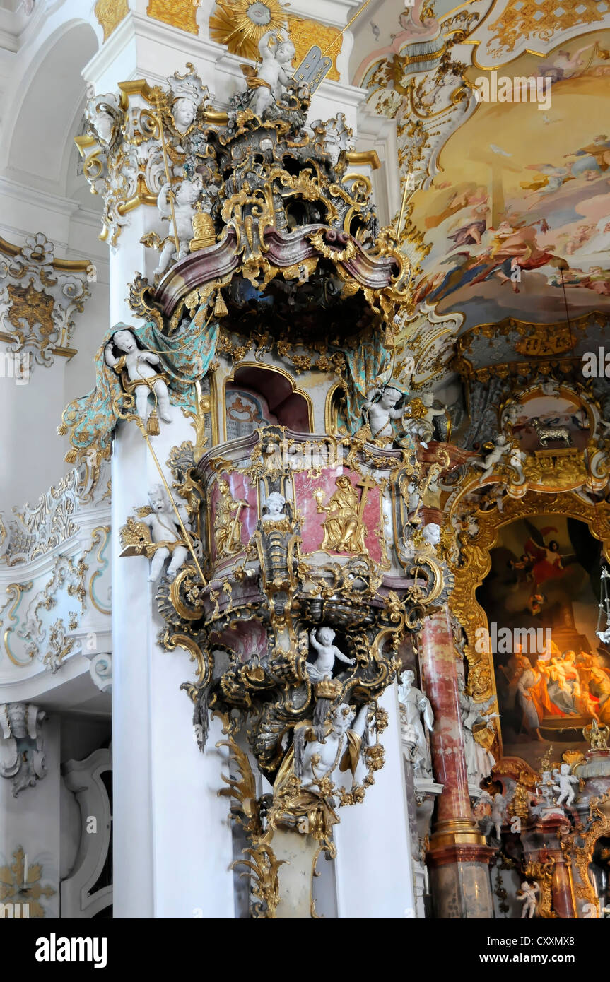 Interior view, pulpit, Wieskirche, Pilgrimage Church of Wies, Rococo ...