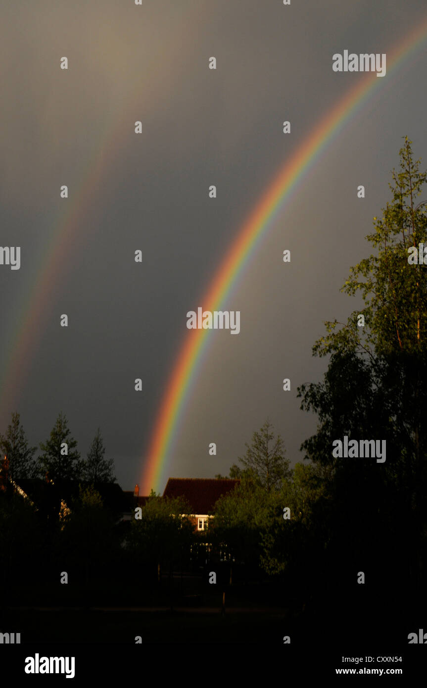 A double rainbow over the town of Wymondham, Norfolk Stock Photo - Alamy