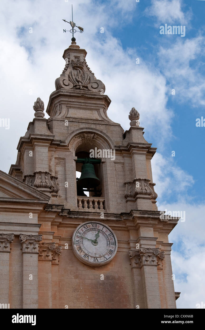 The clock tower of St. Paul's Co-Cathedral, Mdina, Malta Stock Photo ...