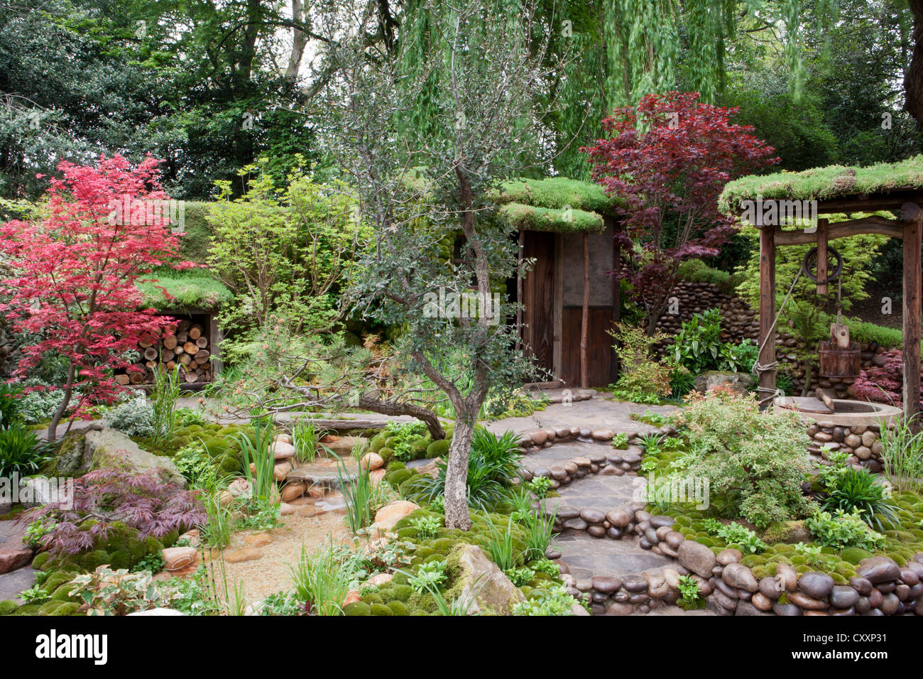 A small Japanese Zen garden with moss covered stones stone and water ...