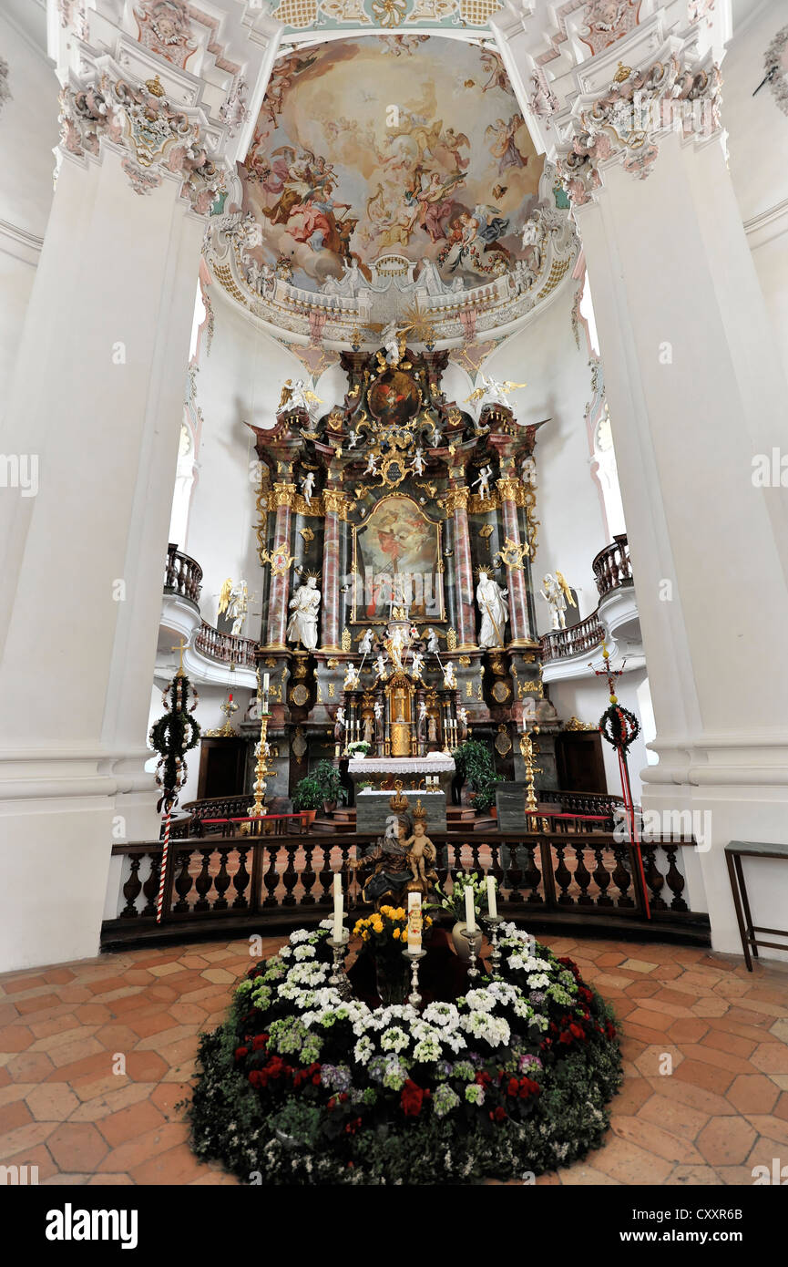 Interior view, altar area decorated for the Ascension festival ...