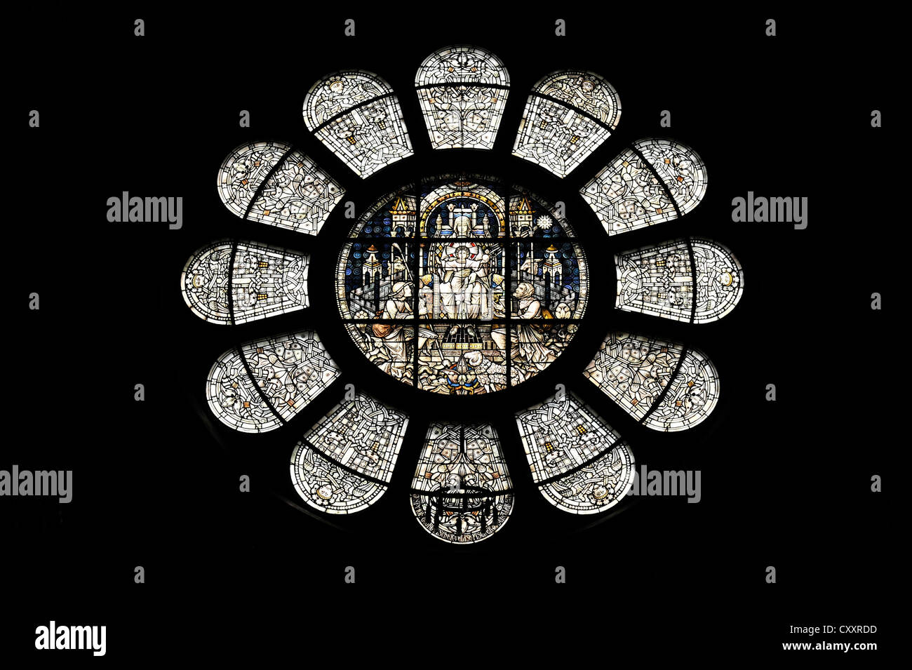 Rose window, colored round stained glass windows, Erloeserkirche church ...