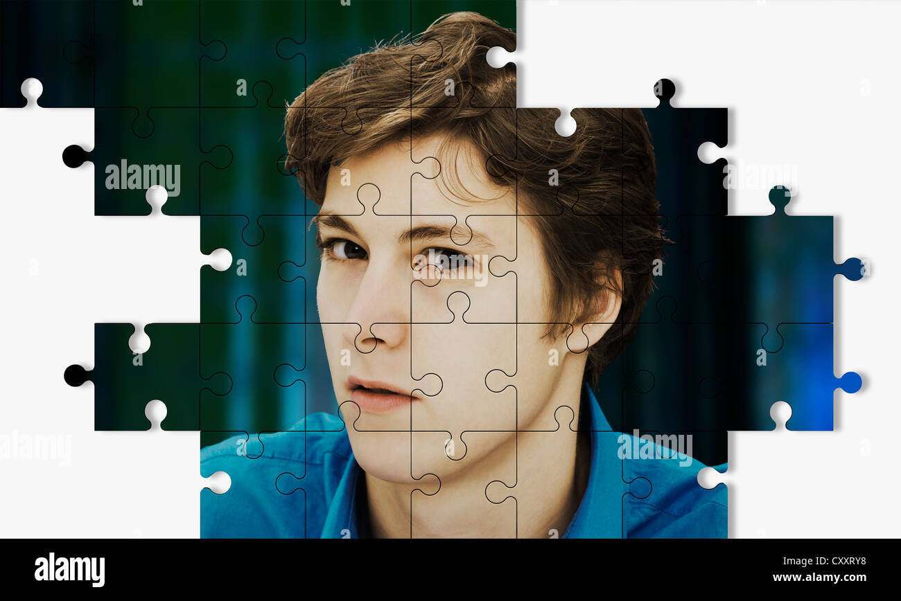 Puzzle with the picture of a young man Stock Photo - Alamy