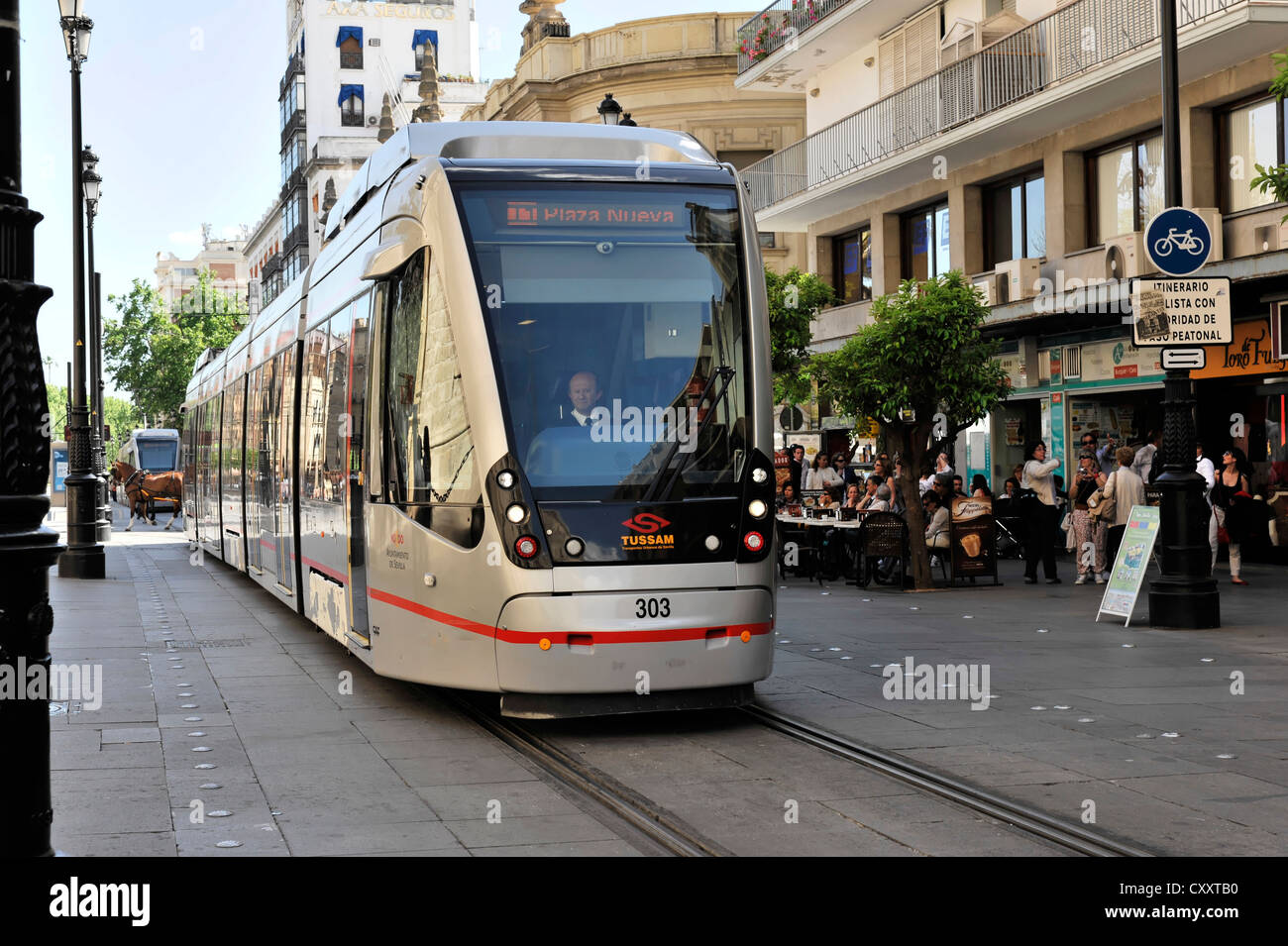 Modern tram in the city centre of Seville, Andalusia, Southern Spain ...