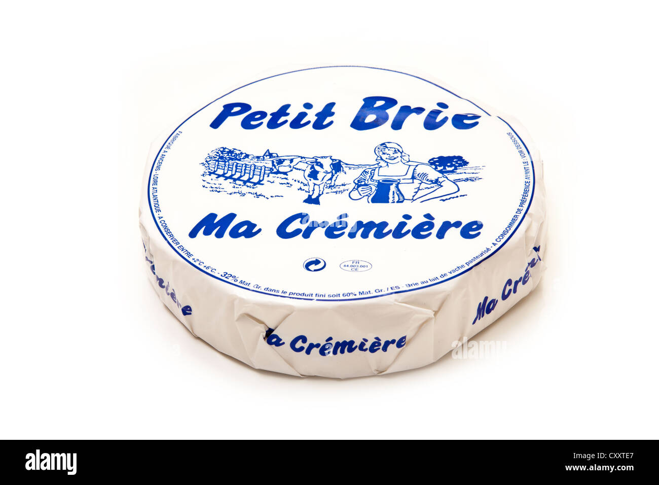 Petit Brie Ma Cremiere cheese isolated on a white studio background ...