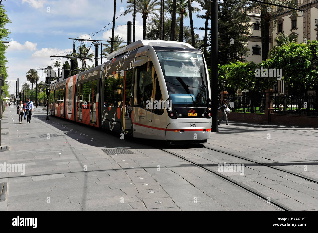 Modern tram, town center, Seville, Andalusia, Spain, Europe Stock Photo ...
