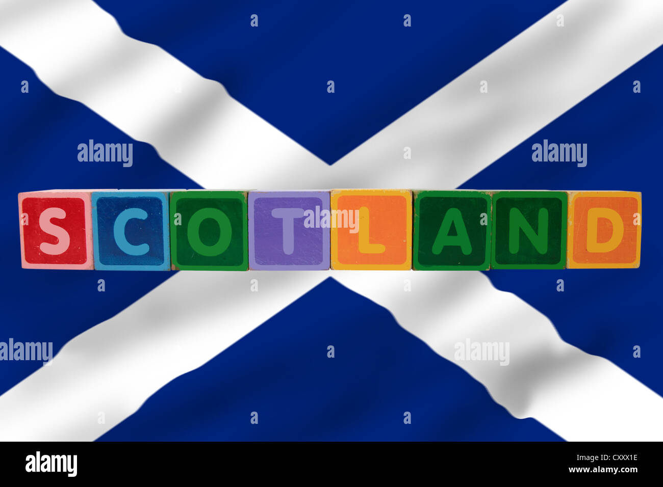 toy letters that spell scotland against a flag background with clipping ...