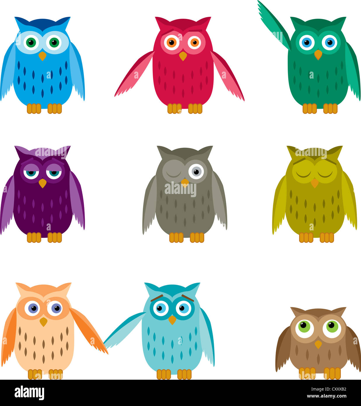 Set of colorful owls with different emotions Stock Photo - Alamy