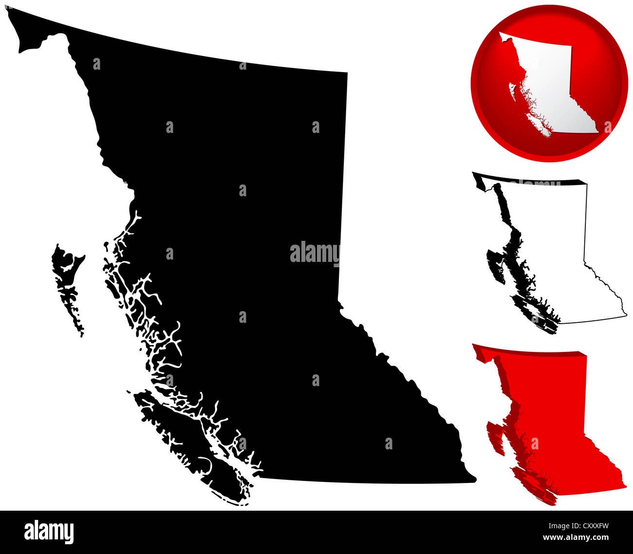 Detailed Map of British Columbia, Canada with several variations Stock ...