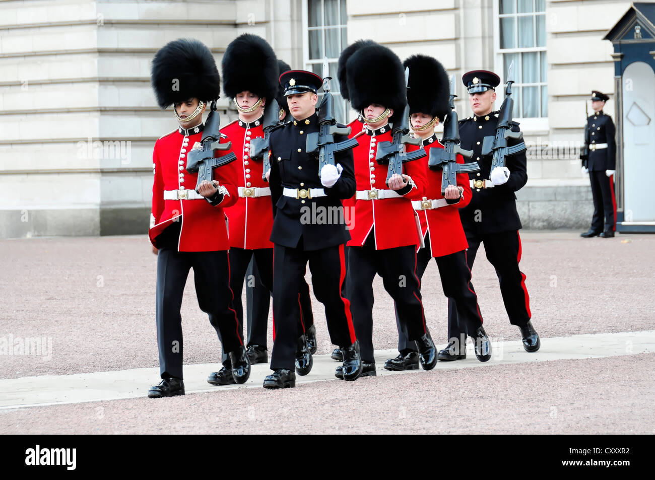 Royal Guard during the Changing of the Guard ceremony, Buckingham Palace, London, England ...