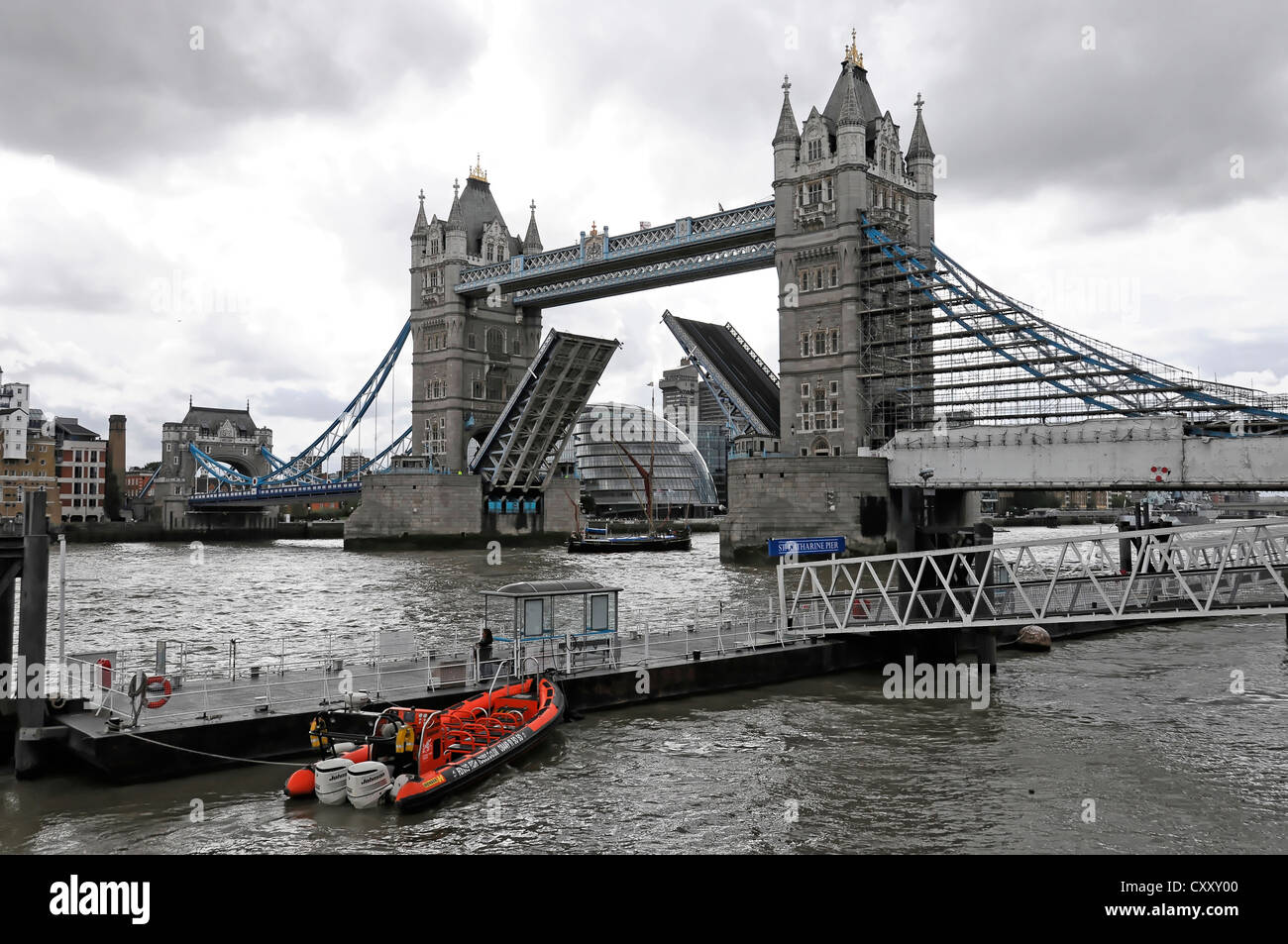 Tower Bridge, lifted, River Thames, London, England, Great Britain ...