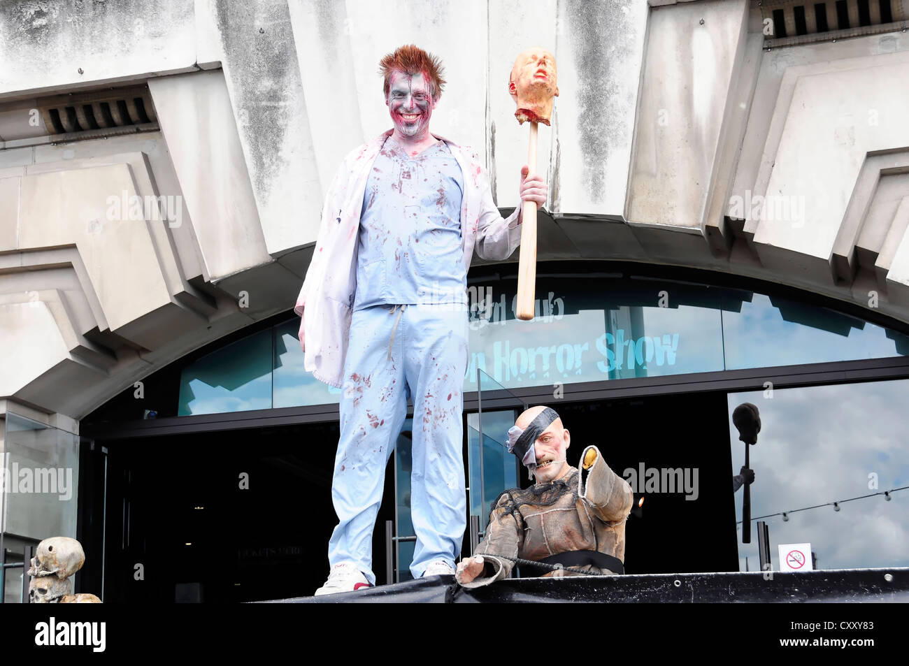 Actor in front of the Fright Club, a live action horror show, London ...