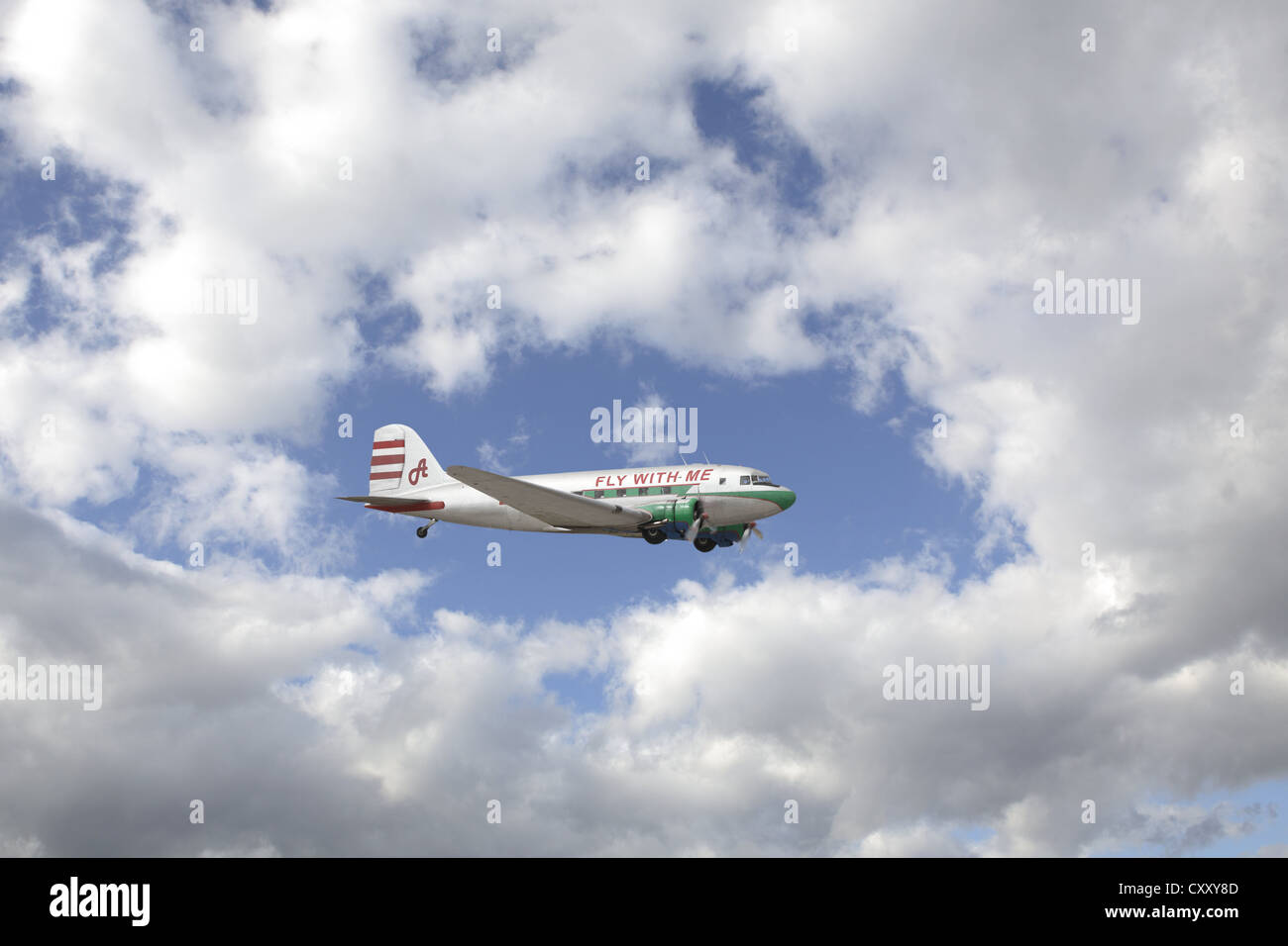 Aircraft, lettering "Fly with me", clouds, sky Stock Photo - Alamy