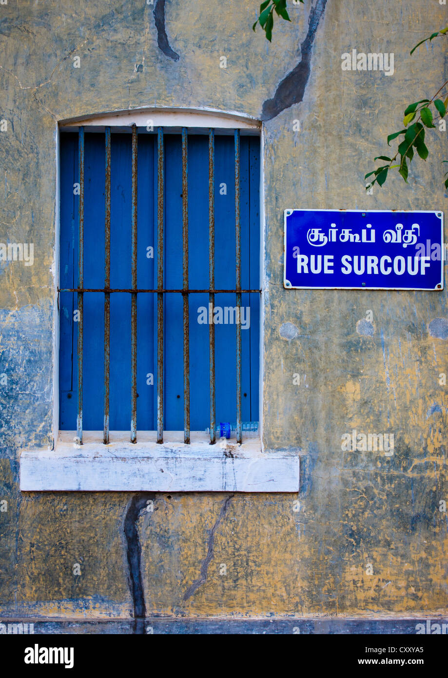 Barred Window With Blue Shutters Closed In Surcouf Street In The French ...