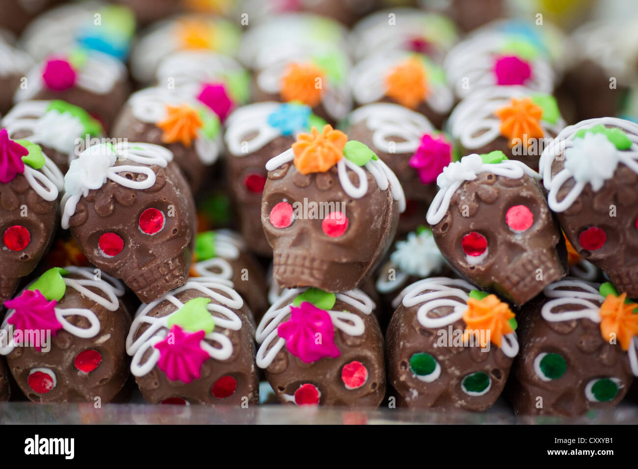 Chocolate candy skulls for the day of the dead in Mexico Stock Photo ...
