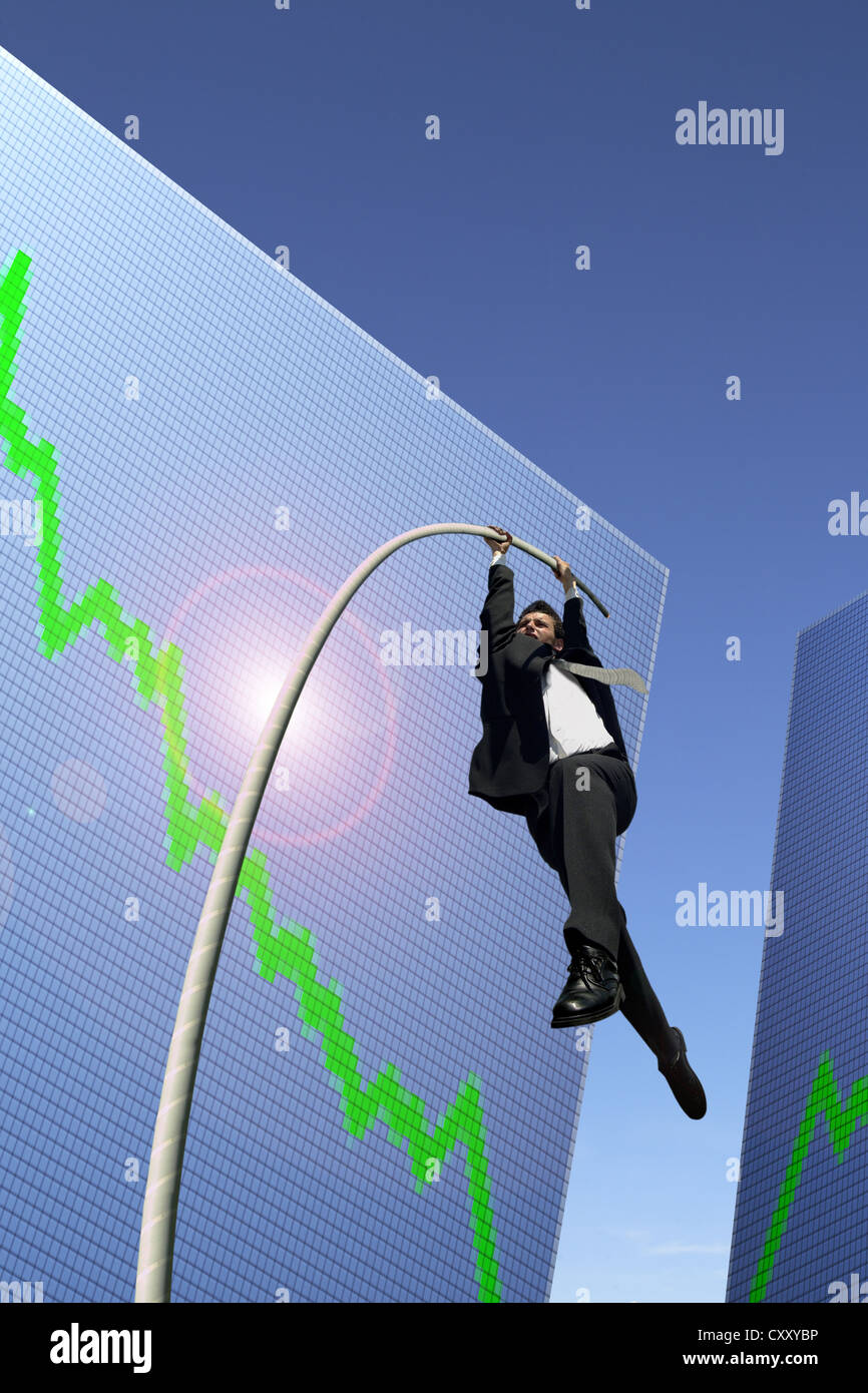 Businessman pole vaulting over a stock course, symbolic image Stock ...