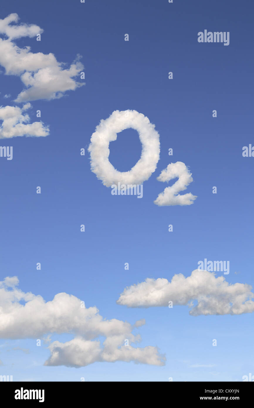 Blue sky, clouds, lettering O2, oxygen, illustration Stock Photo - Alamy