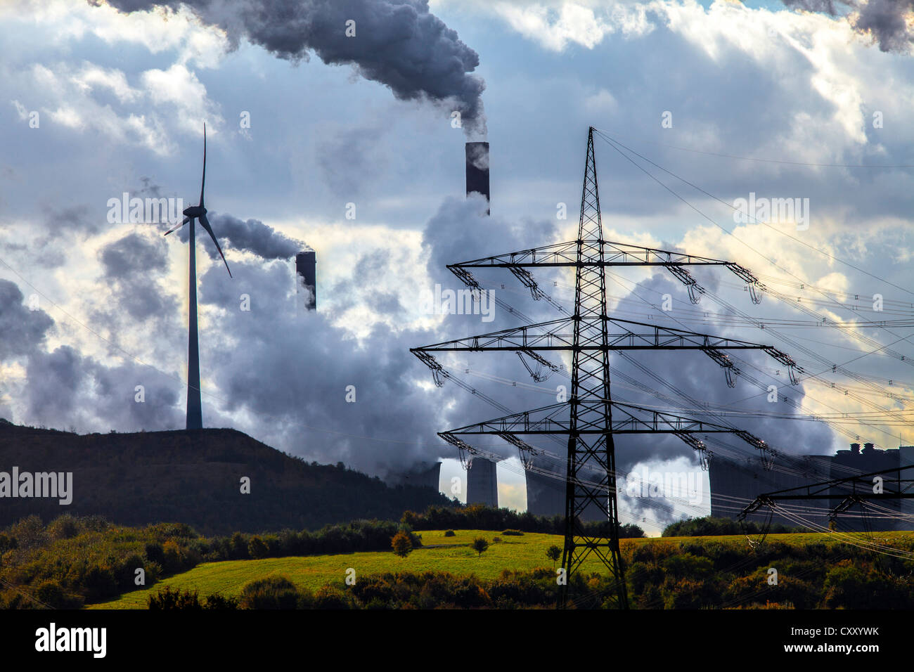 Coal power station of EON energy company, wind power turbines ...