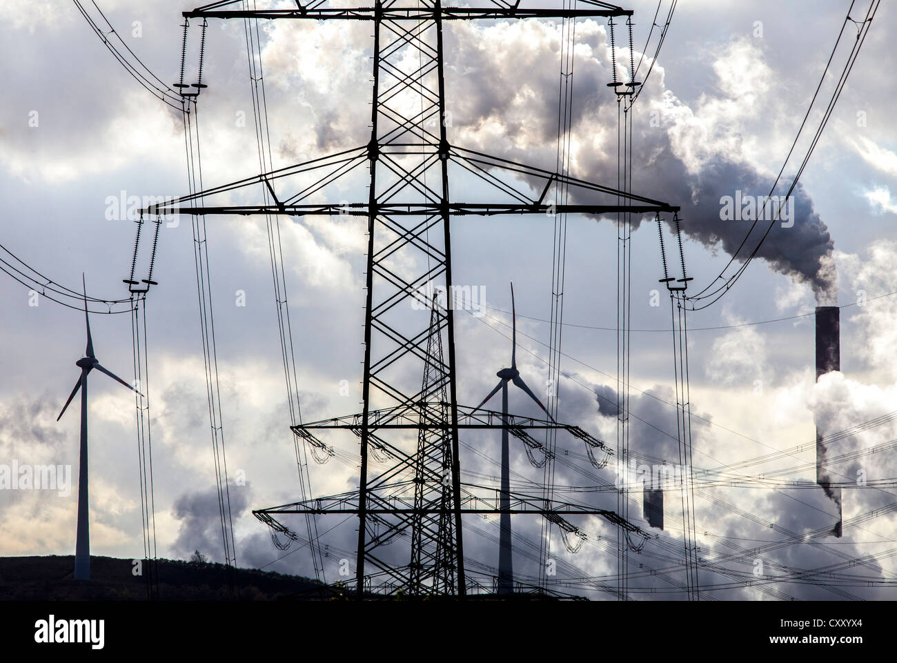 Coal power station of EON energy company, wind power turbines ...