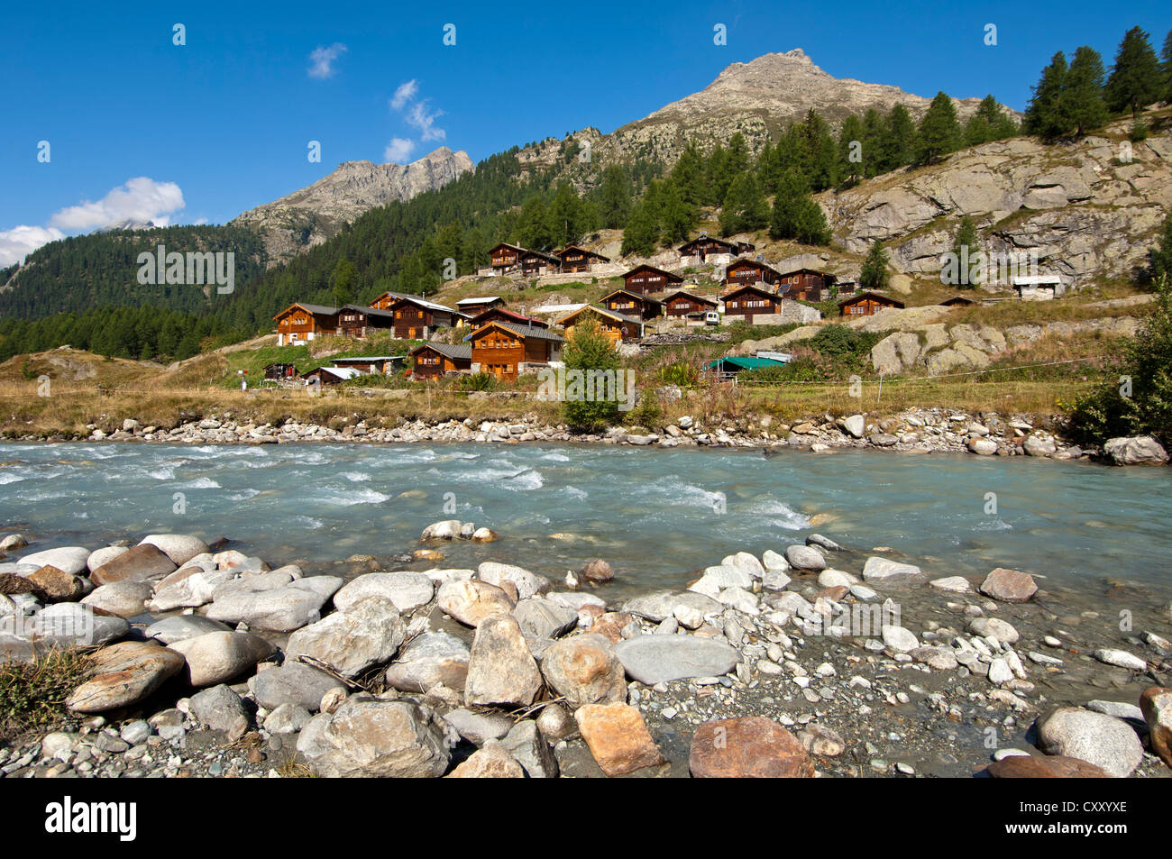 View across the Lonza river towards the mountain huts of the ...