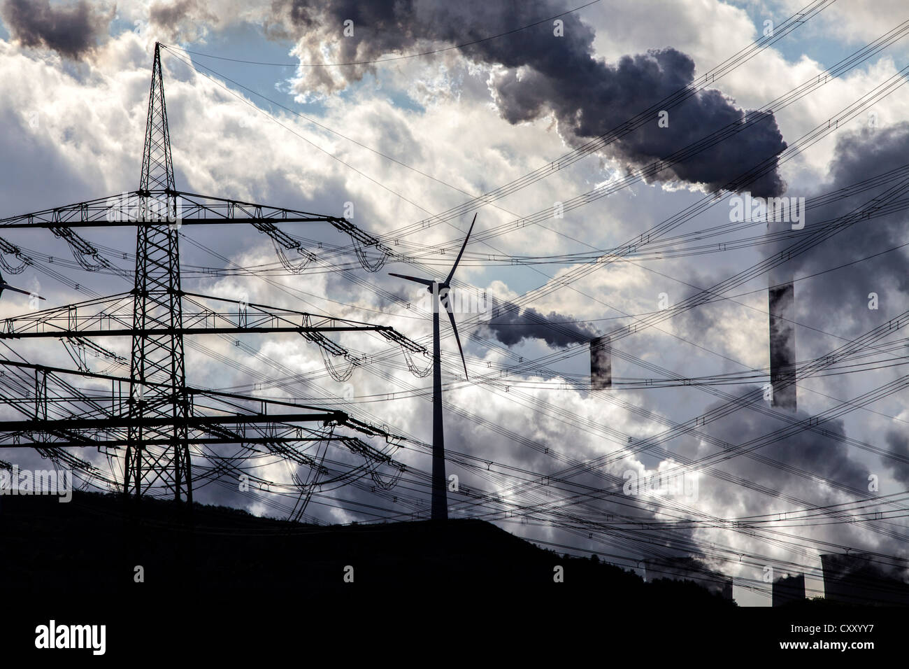 Coal power station of EON energy company, wind power turbines ...