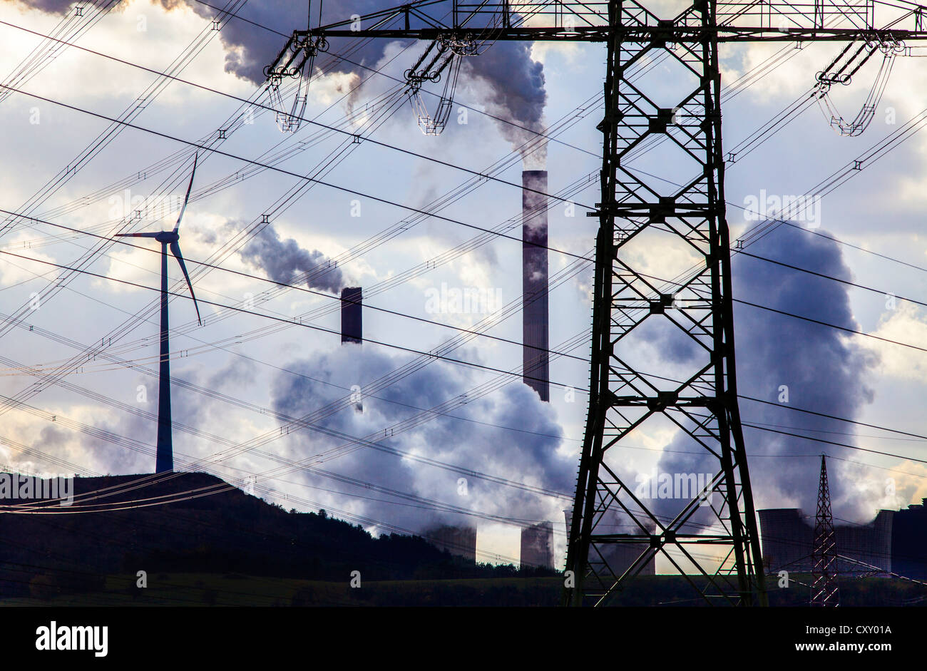 Coal power station of EON energy company, wind power turbines ...