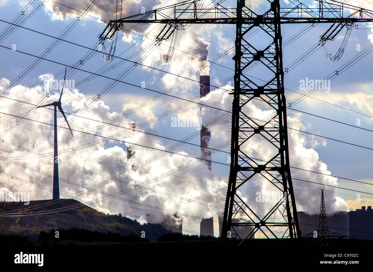 Coal power station of EON energy company, wind power turbines ...