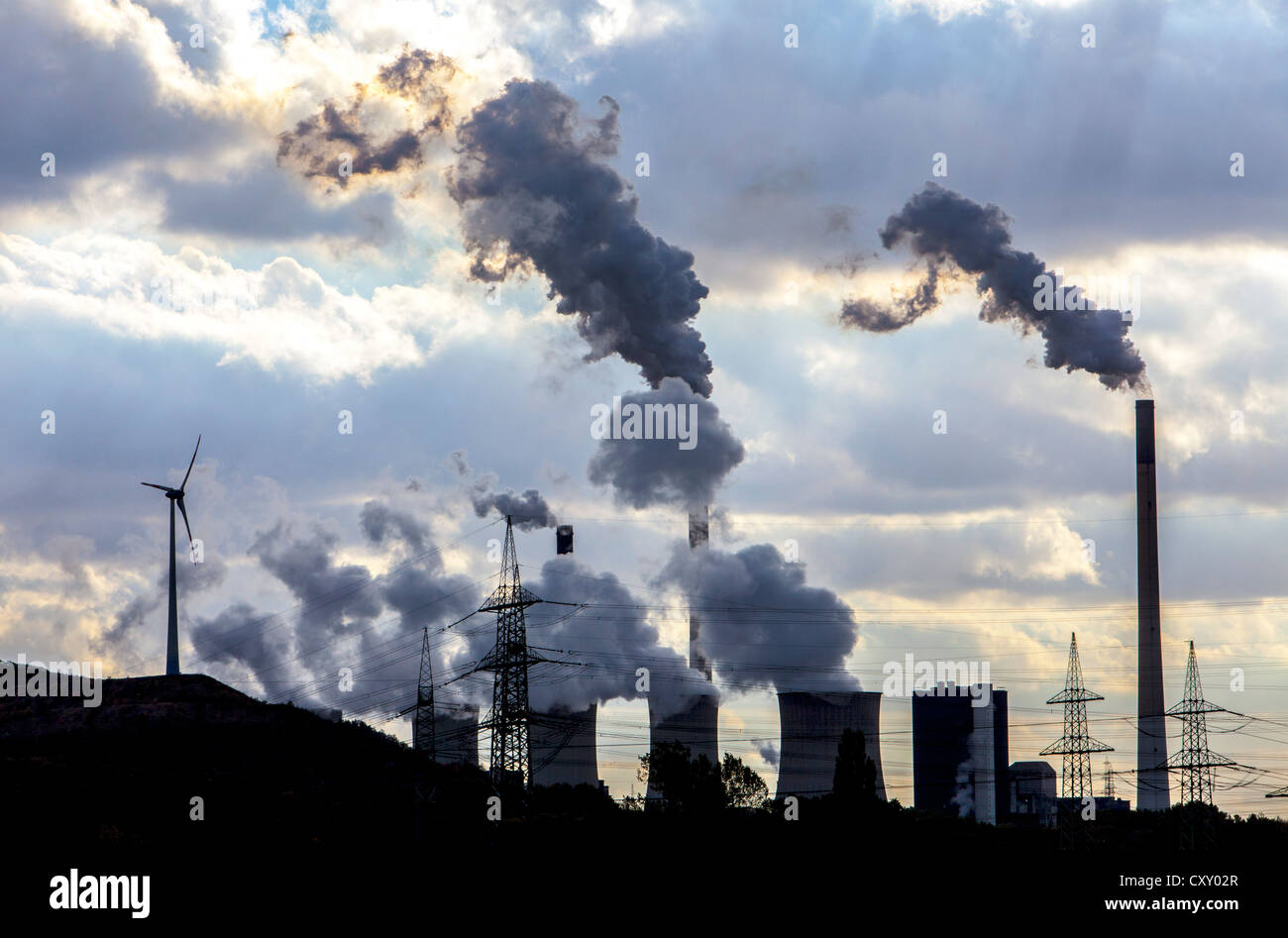 Coal power station of EON energy company, wind power turbines ...