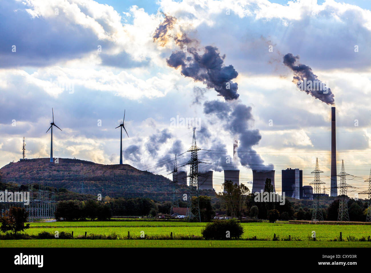 Coal power station of EON energy company, wind power turbines ...