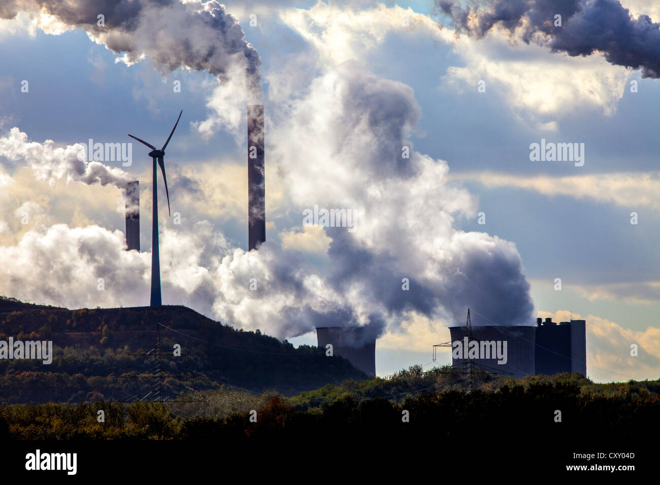 Coal power station of EON energy company, wind power turbines ...