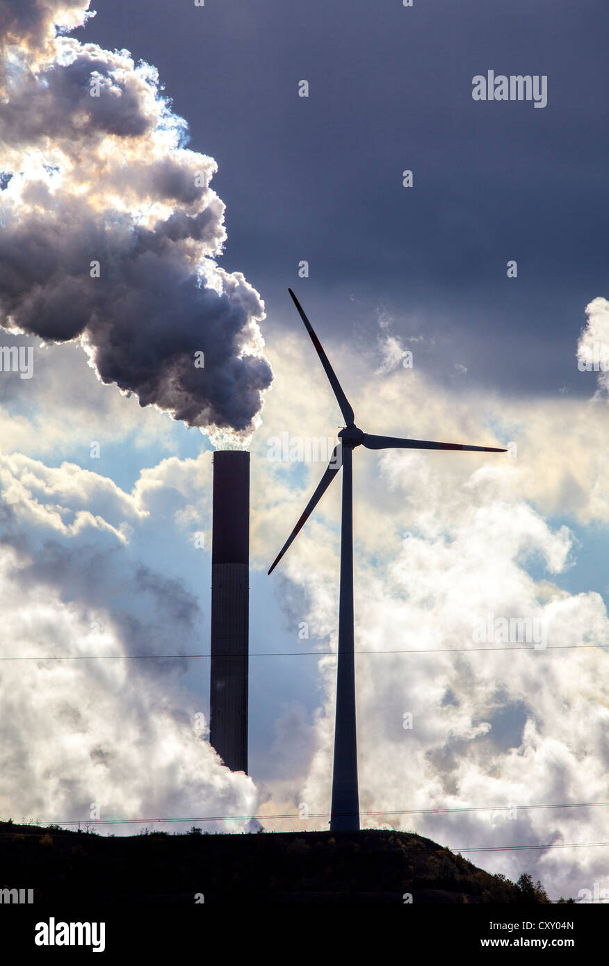Coal power station of EON energy company, wind power turbines ...