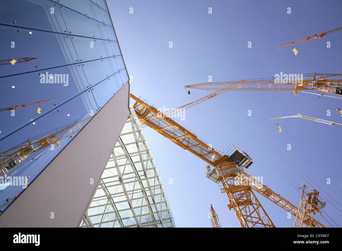 Cranes, glass facade Stock Photo - Alamy