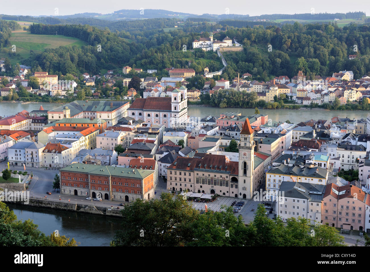 View from Veste Oberhaus fortress over the historic town centre between ...