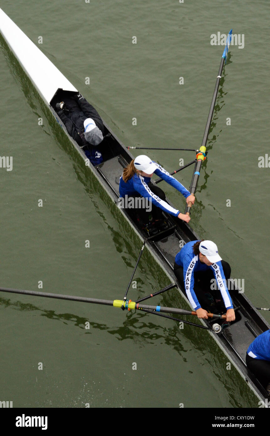 Four women in sculling boat rowing team compete in college race Stock ...