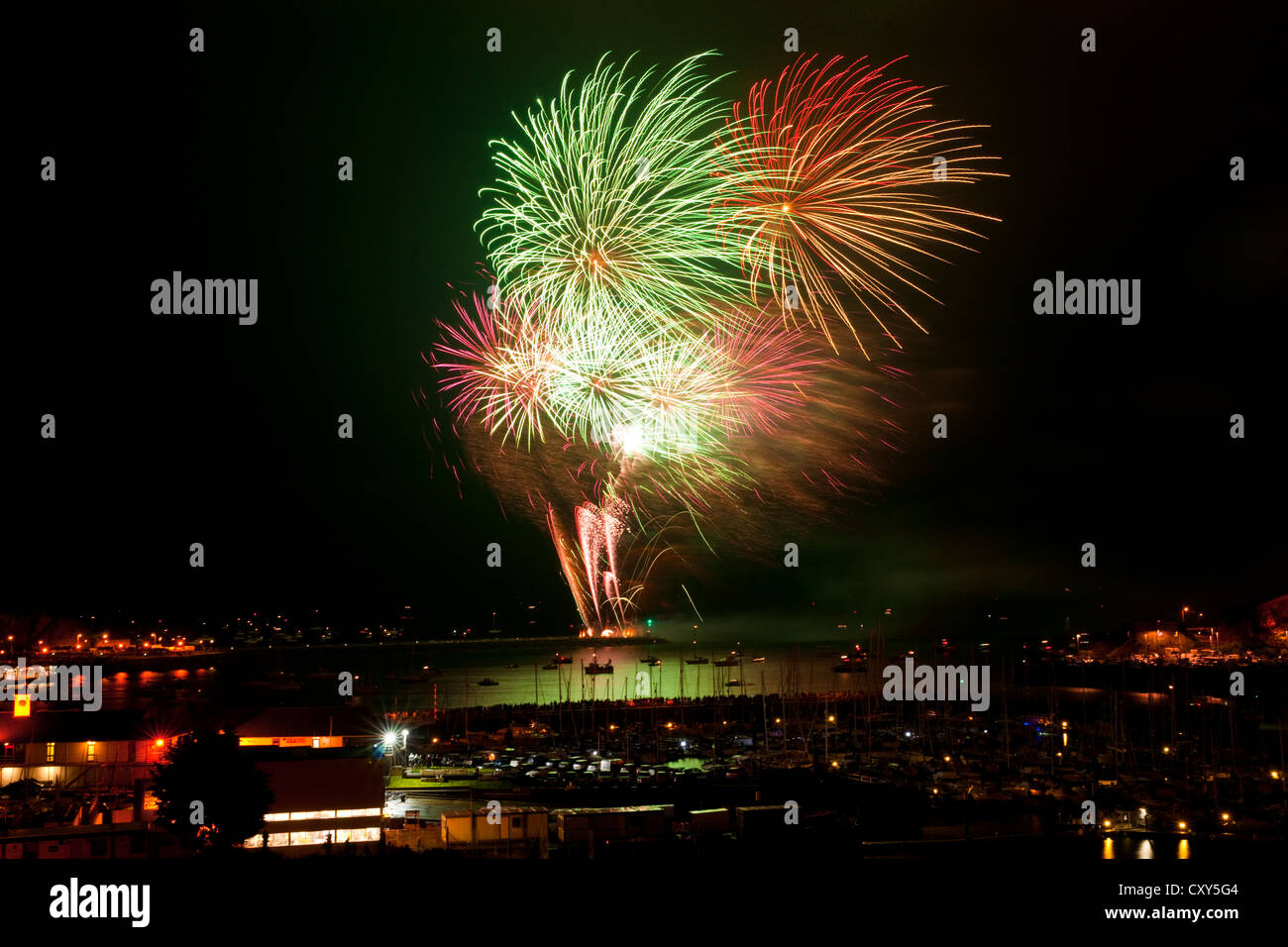Large firework display over the water, with multi coloured effects ...