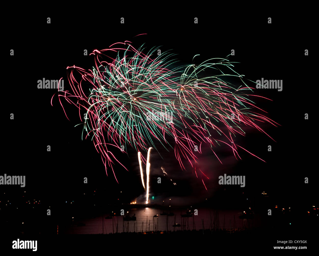 Large firework display over the water, with multi coloured effects ...
