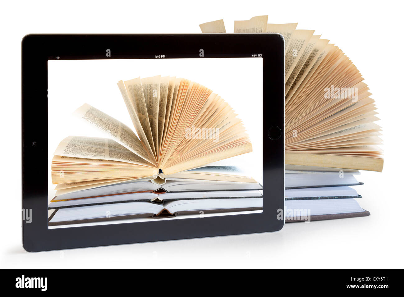 Books and iPad like tablet computer isolated on white, digital library ...