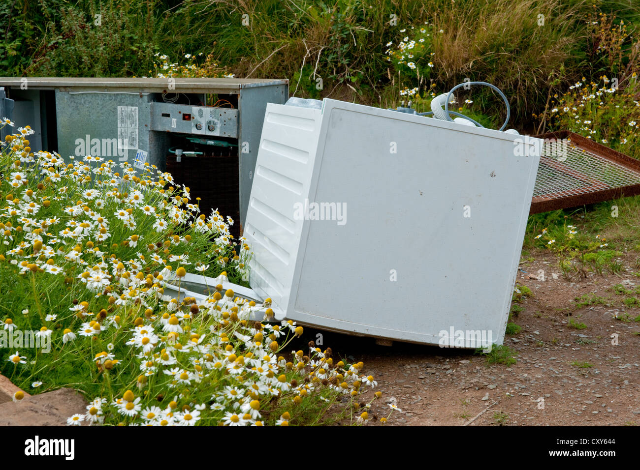 An old fridge and cooker fly tipped on a piece of waste land Stock ...