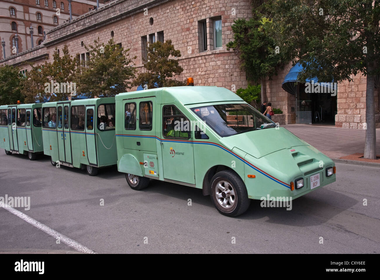 Road train operating between Monastery and car park at Monserrat, Spain ...