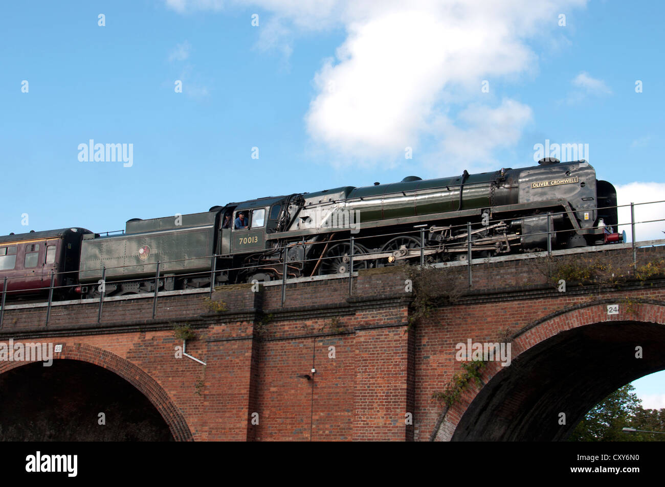Steam locomotive No.70013 "Oliver Cromwell" crossing the viaduct at ...
