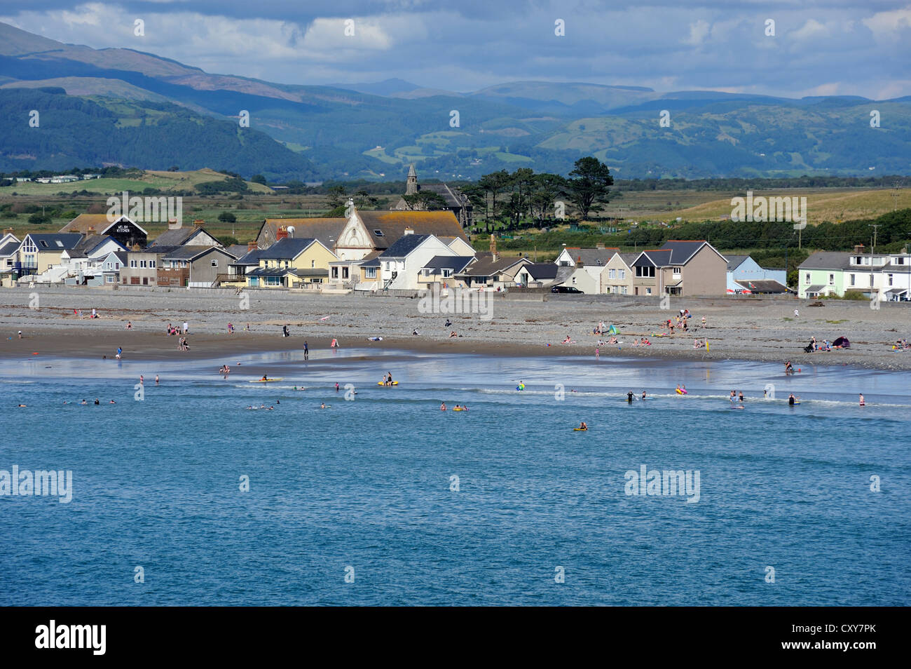 Borth Beach with hills and moody sky Stock Photo - Alamy