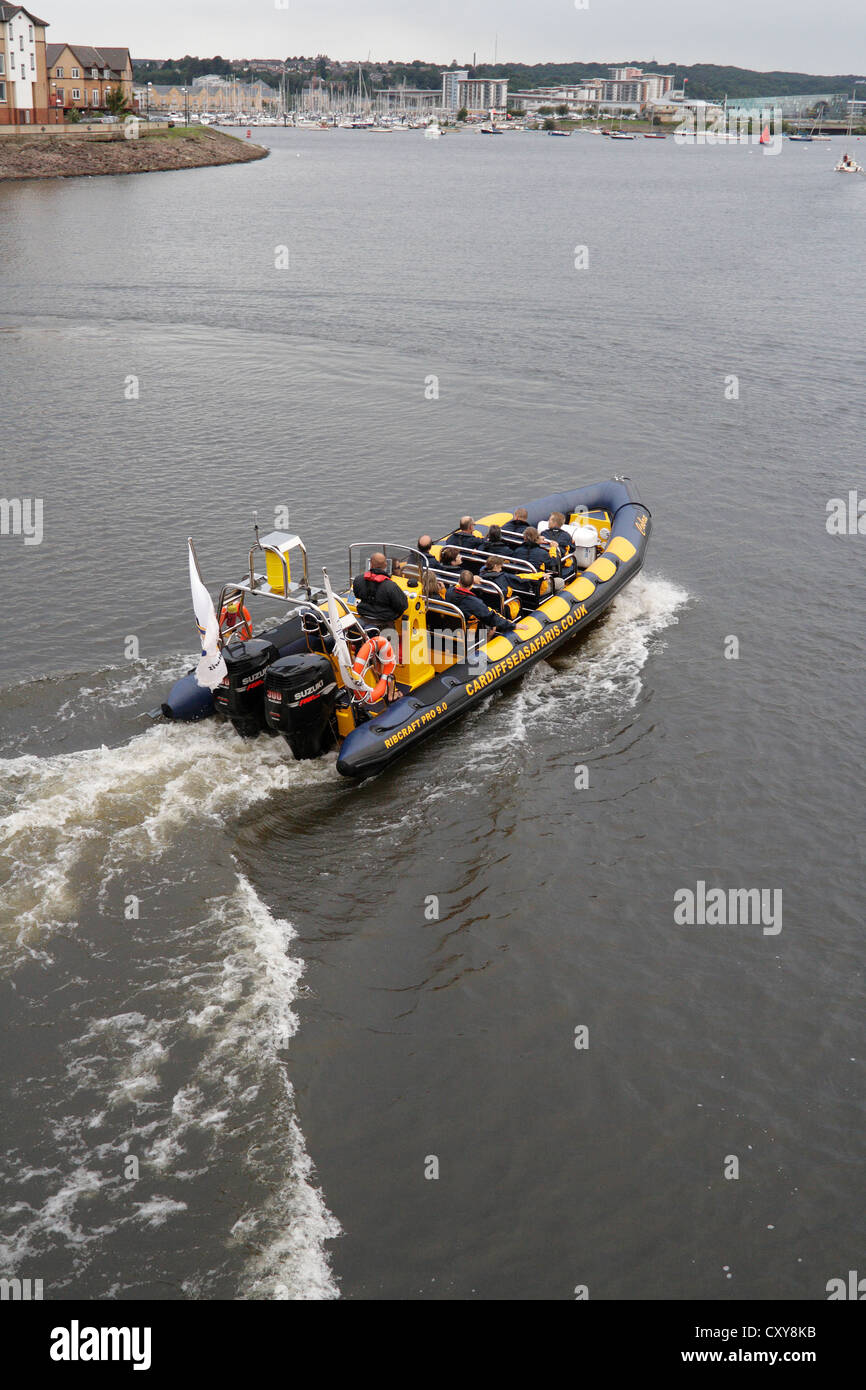Inflatable speed boat returning to Cardiff Bay Stock Photo - Alamy