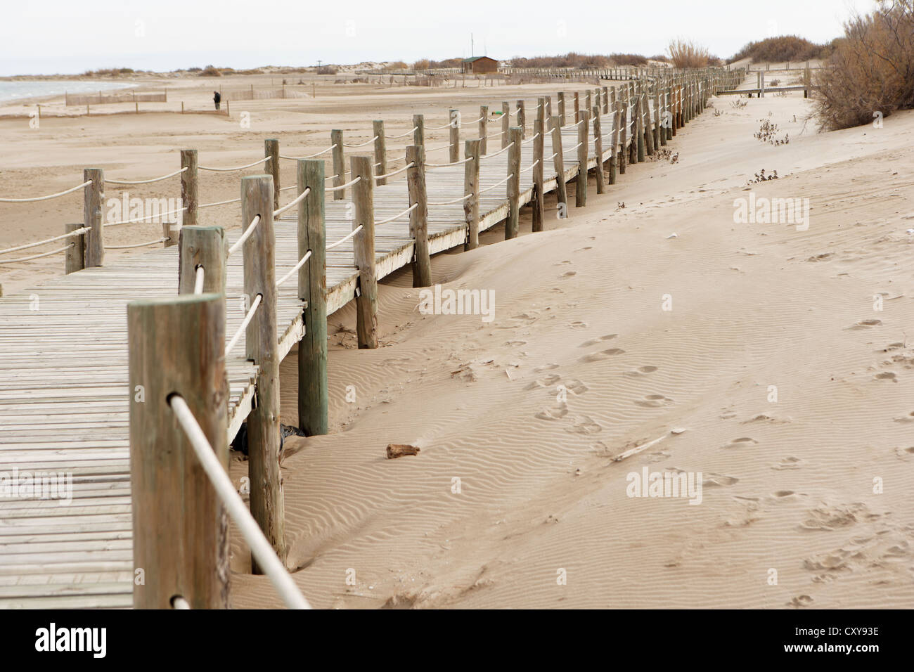 Gateway in the sand at beach of Riomar, urbanization. Deltebre, Ebro ...