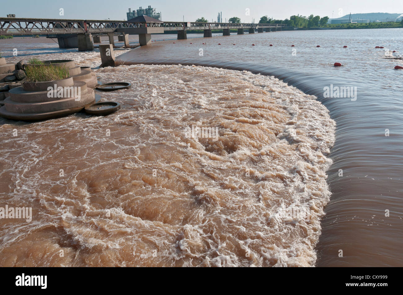 Oklahoma, Tulsa, Arkansas River water running over a weir, old railroad ...