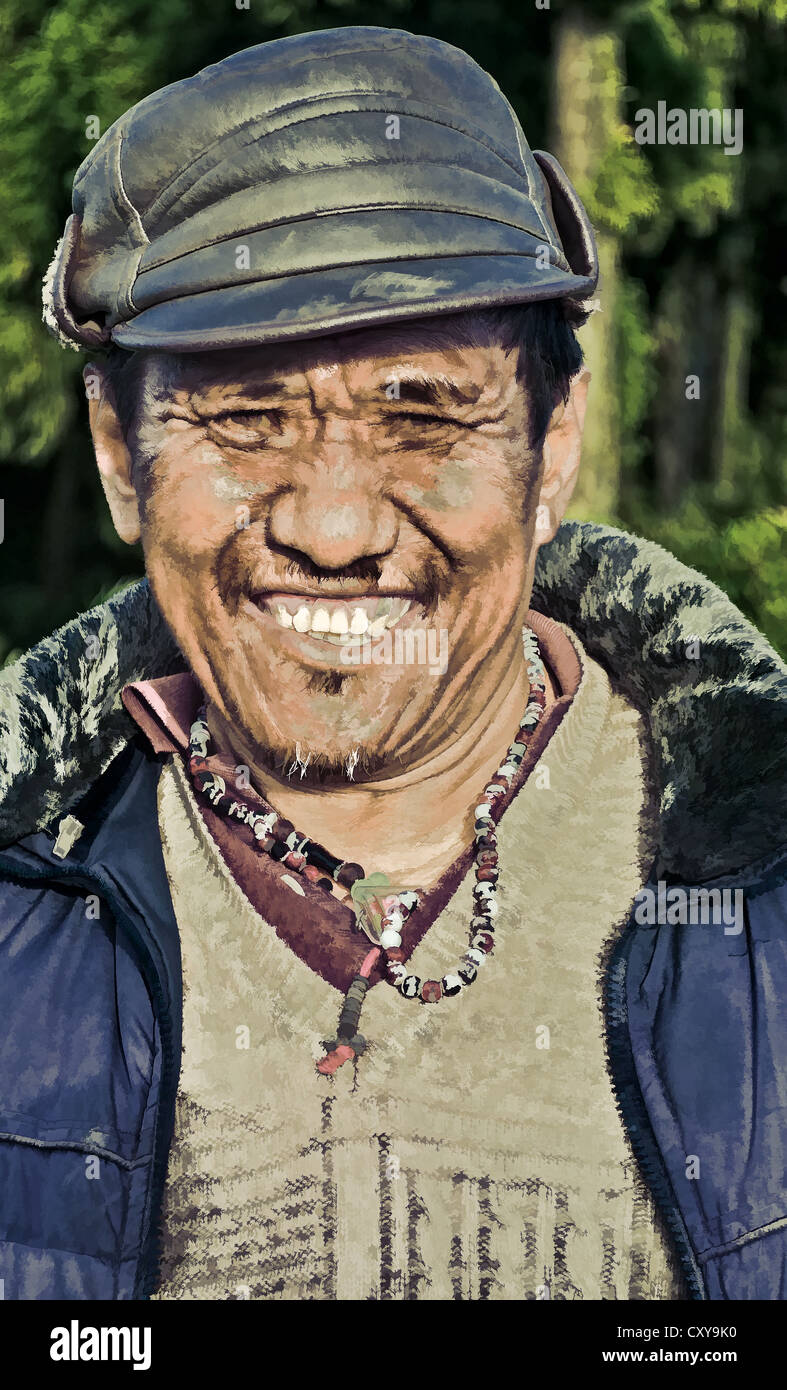 Old Nepali Buddhist Man, portrait, smiling, with cap, facing camera ...
