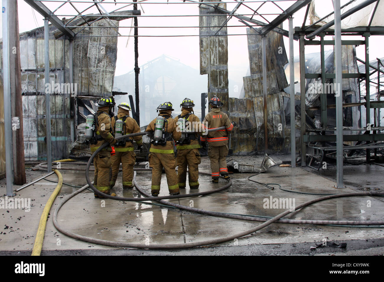 Firefighters on the scene of a roof collapse in a fire Stock Photo - Alamy