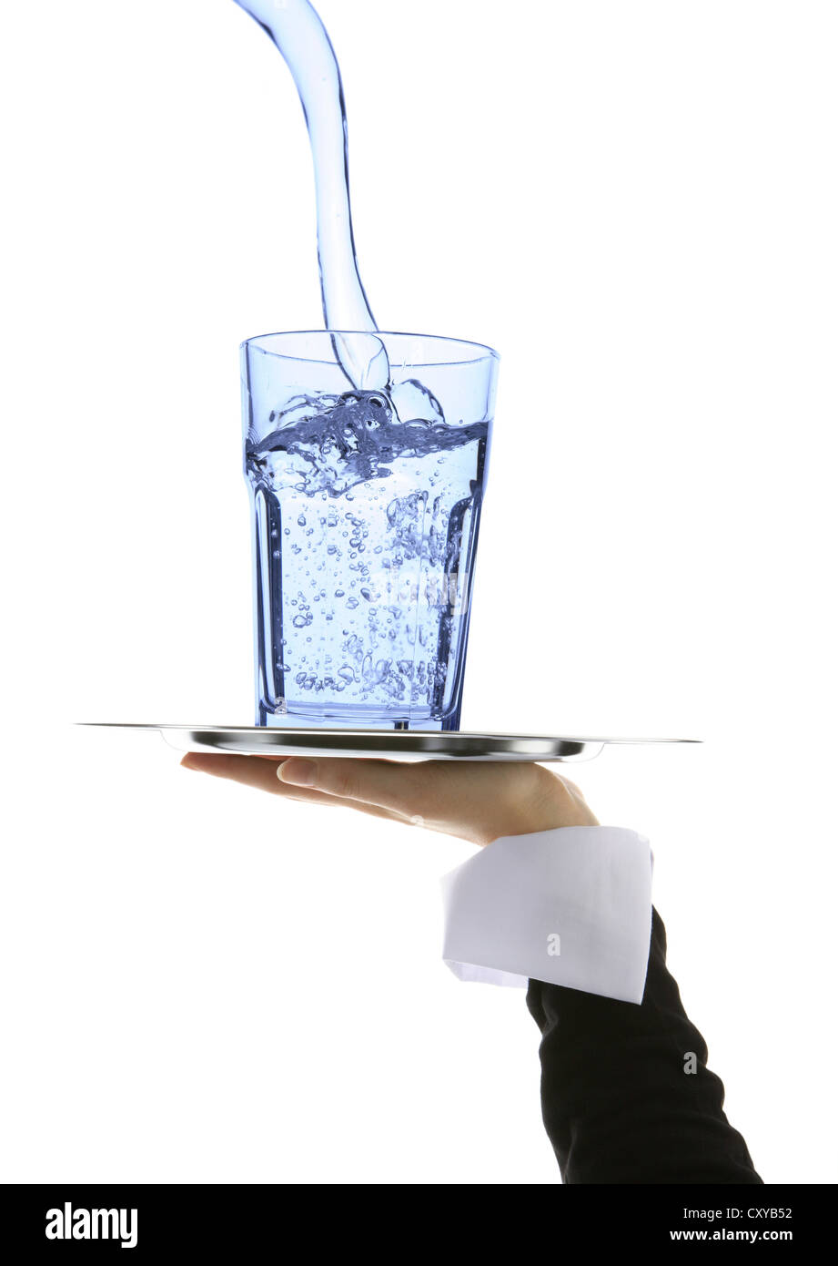 Mineral water, tray, glass, being served Stock Photo - Alamy