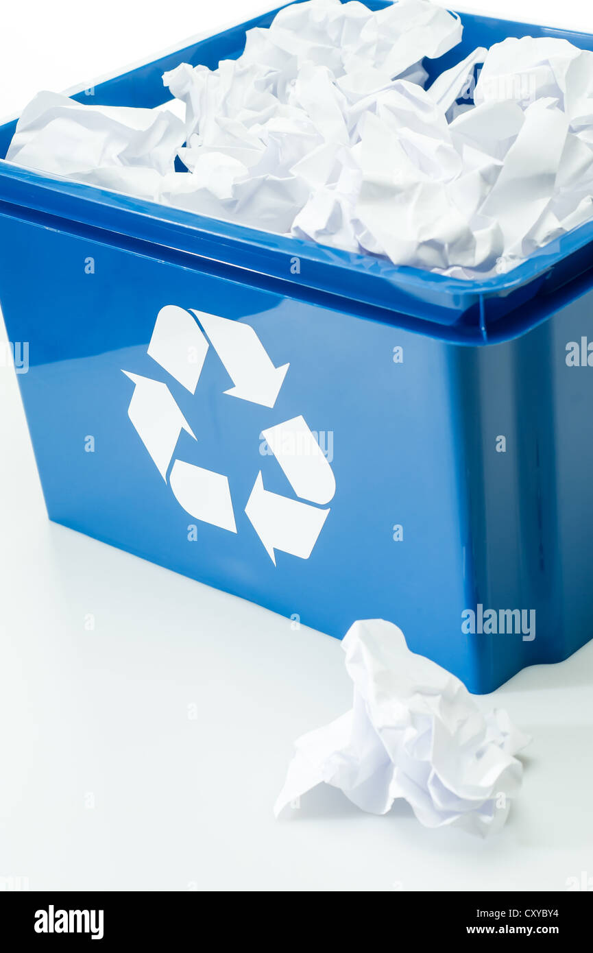 Blue recycling box with paper waste bin on white background Stock Photo ...