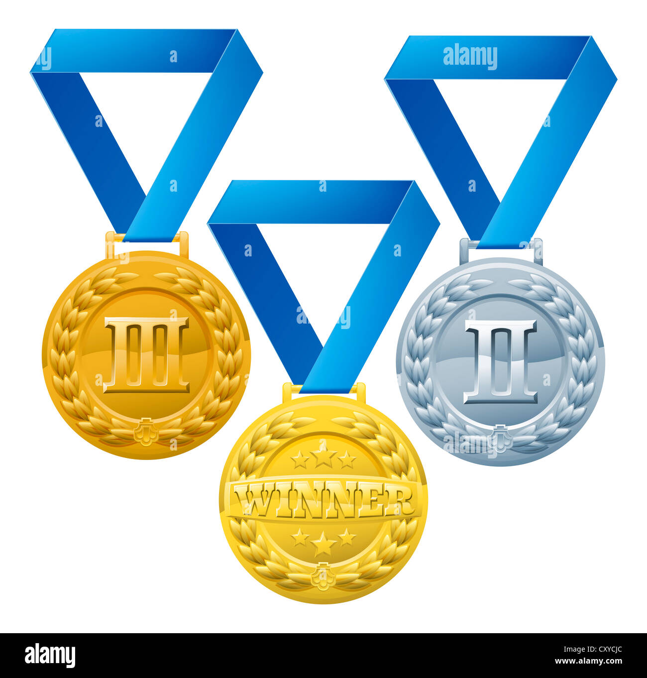 Illustration of three medals on blue ribbons. Bronze silver and gold ...